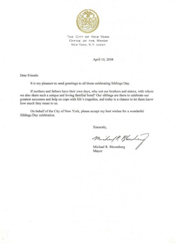 Mayors Support Letters Gallery – Siblings Day Foundation